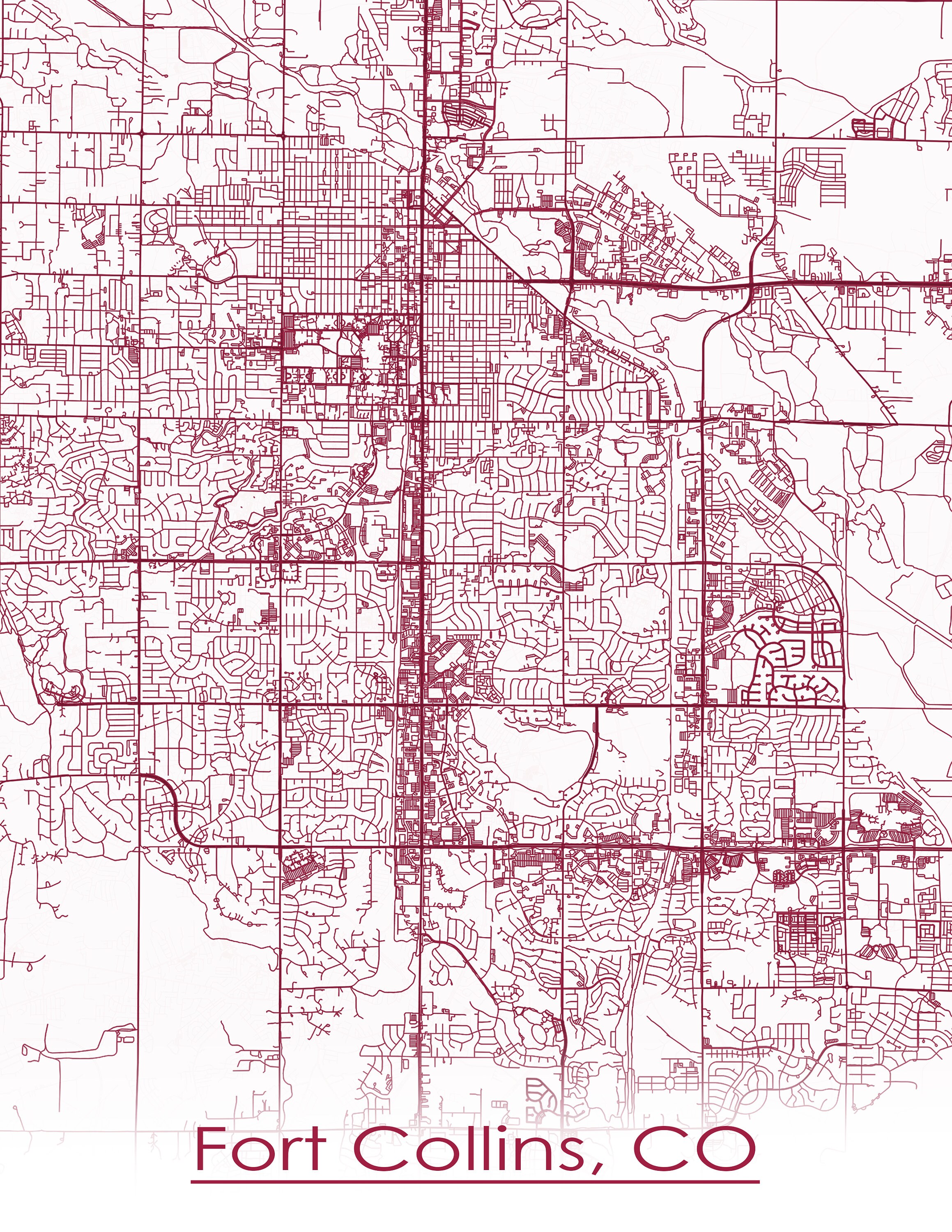 Colored Map of Fort Collins CO and all its Roads | Etsy