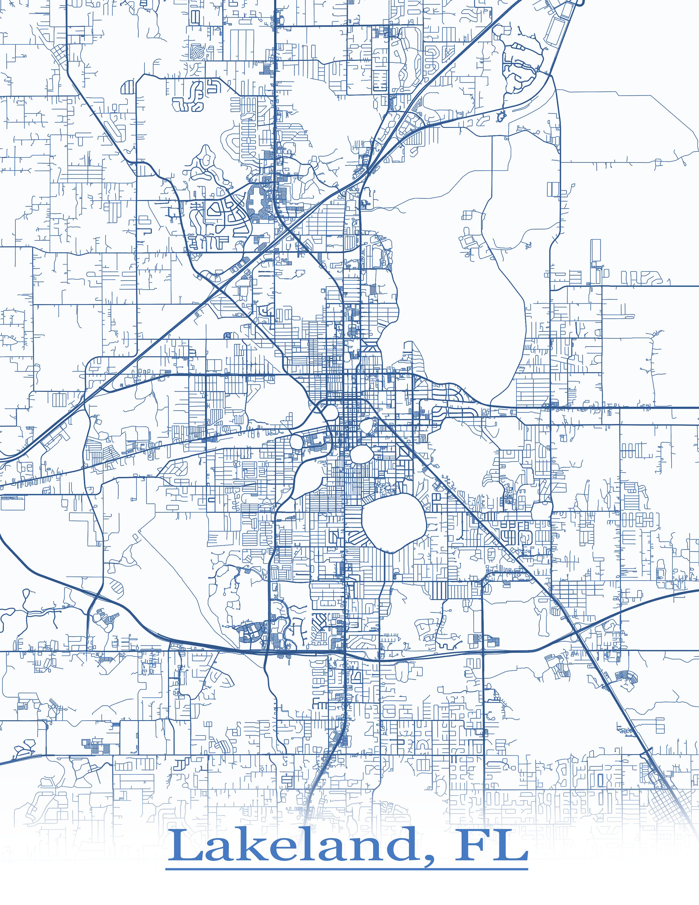 Colored Map of Lakeland FL and All Its Roads | Etsy