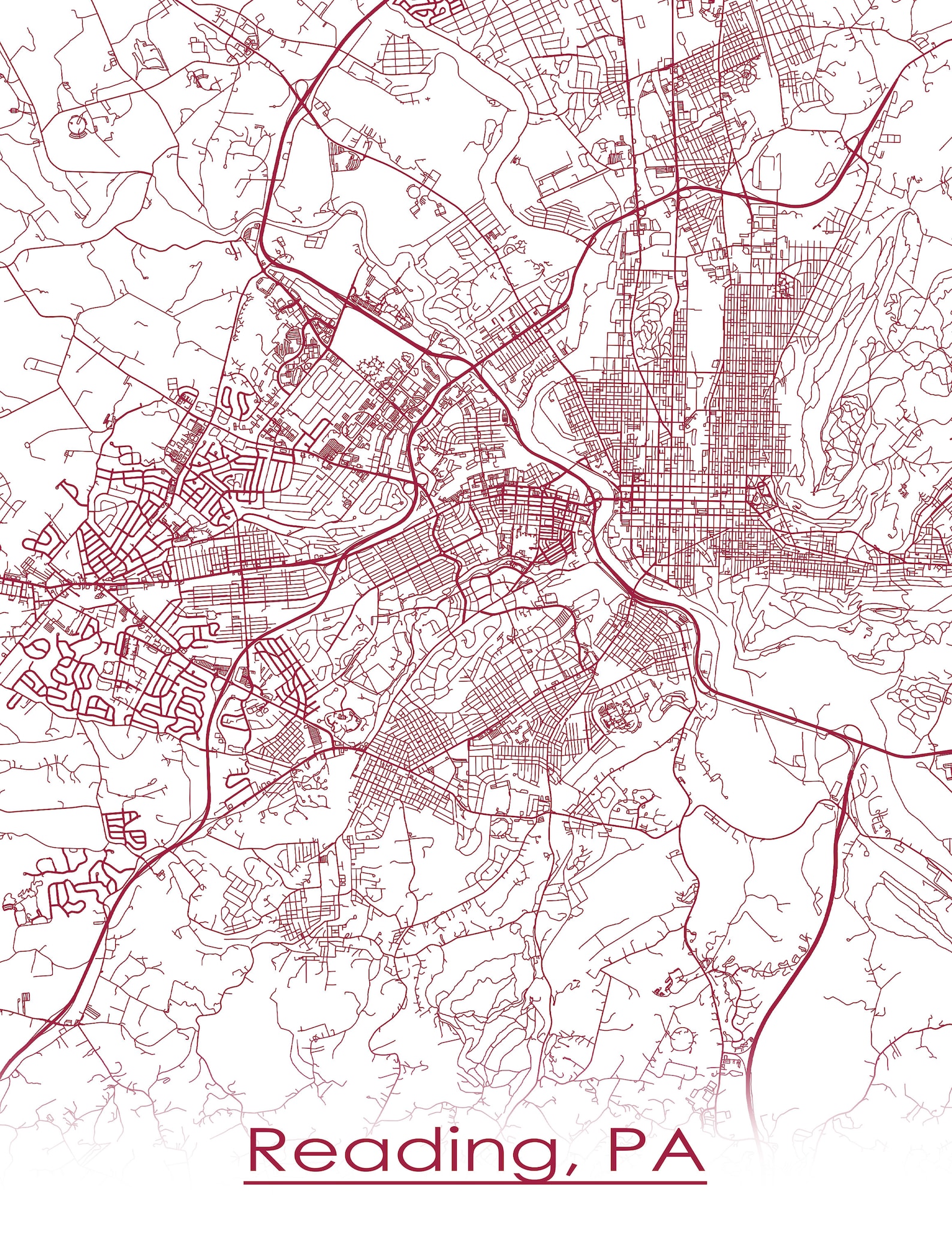 Colored Map of Reading PA and All Its Roads - Etsy