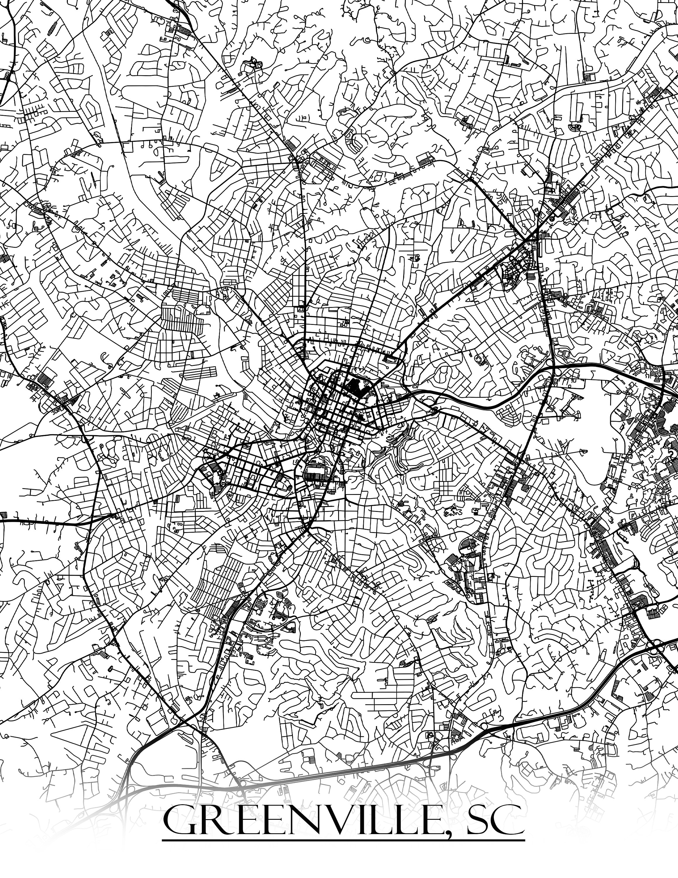 Colored Map of Greenville SC and All Its Roads | Etsy