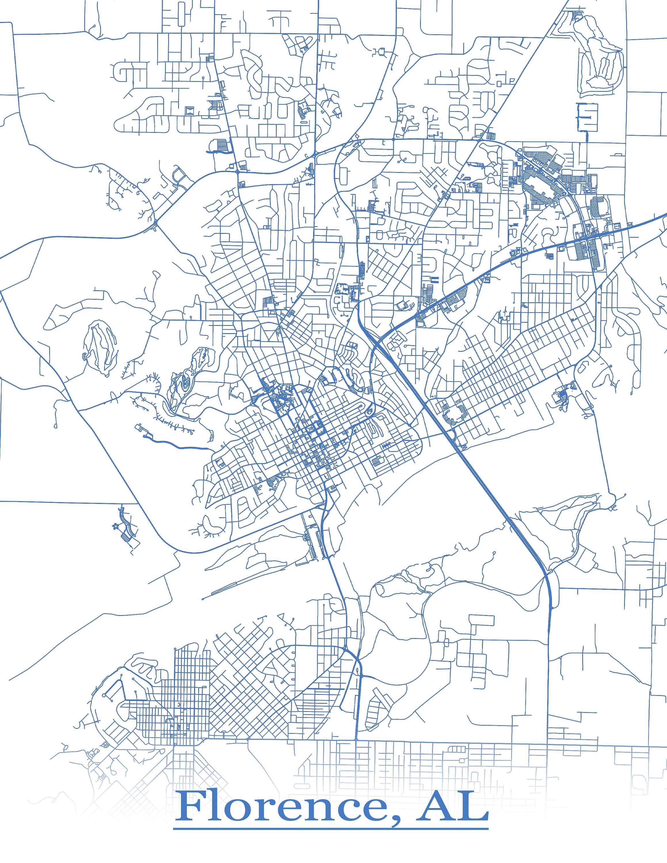 Colored Map of Florence AL and All Its Roads | Etsy