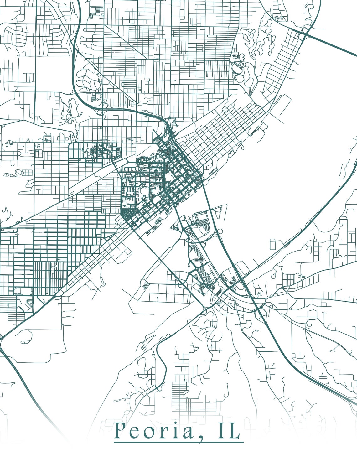 Colored Map of Peoria IL and All Its Roads | Etsy