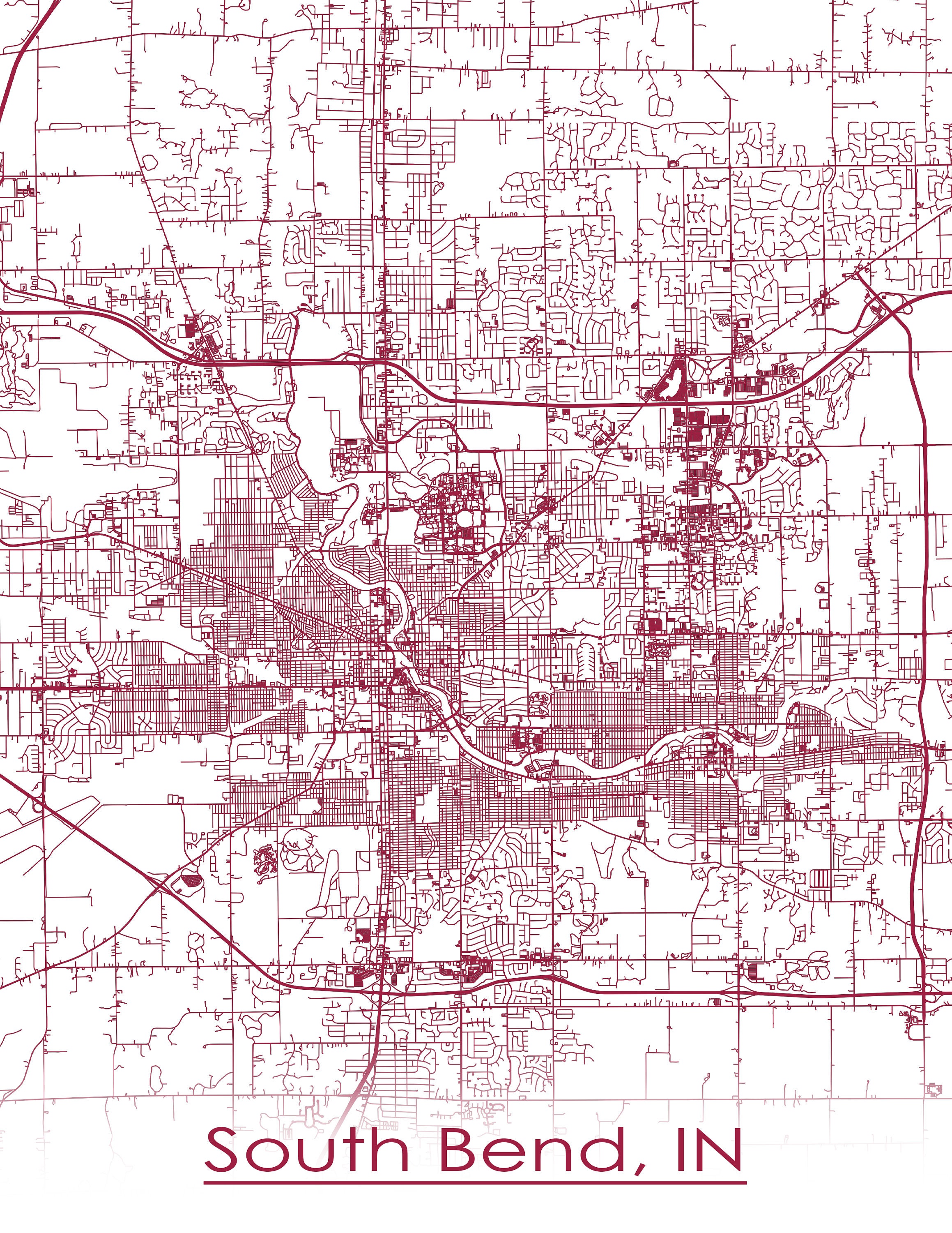 Colored Map of South Bend IN and All Its Roads | Etsy