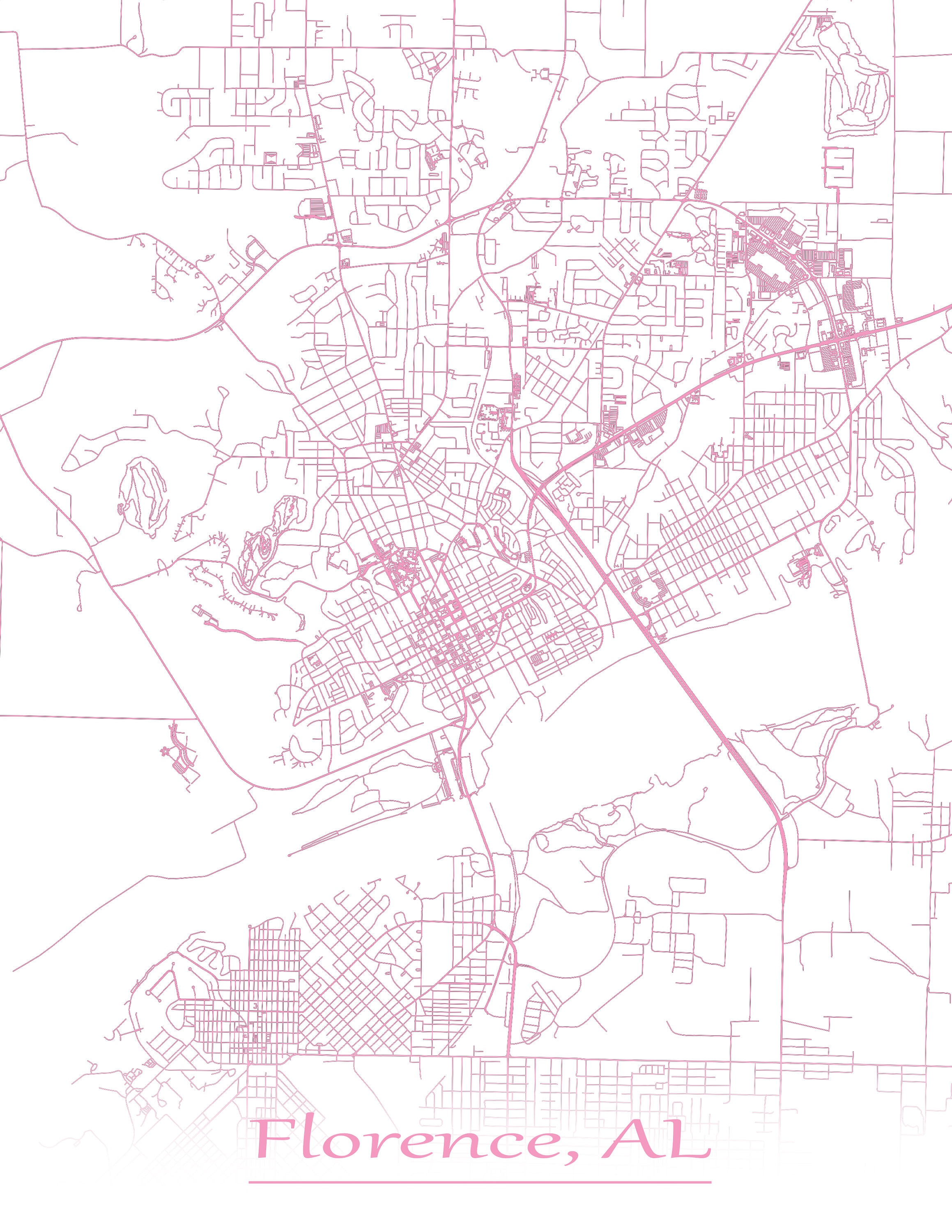 Colored Map of Florence AL and All Its Roads | Etsy