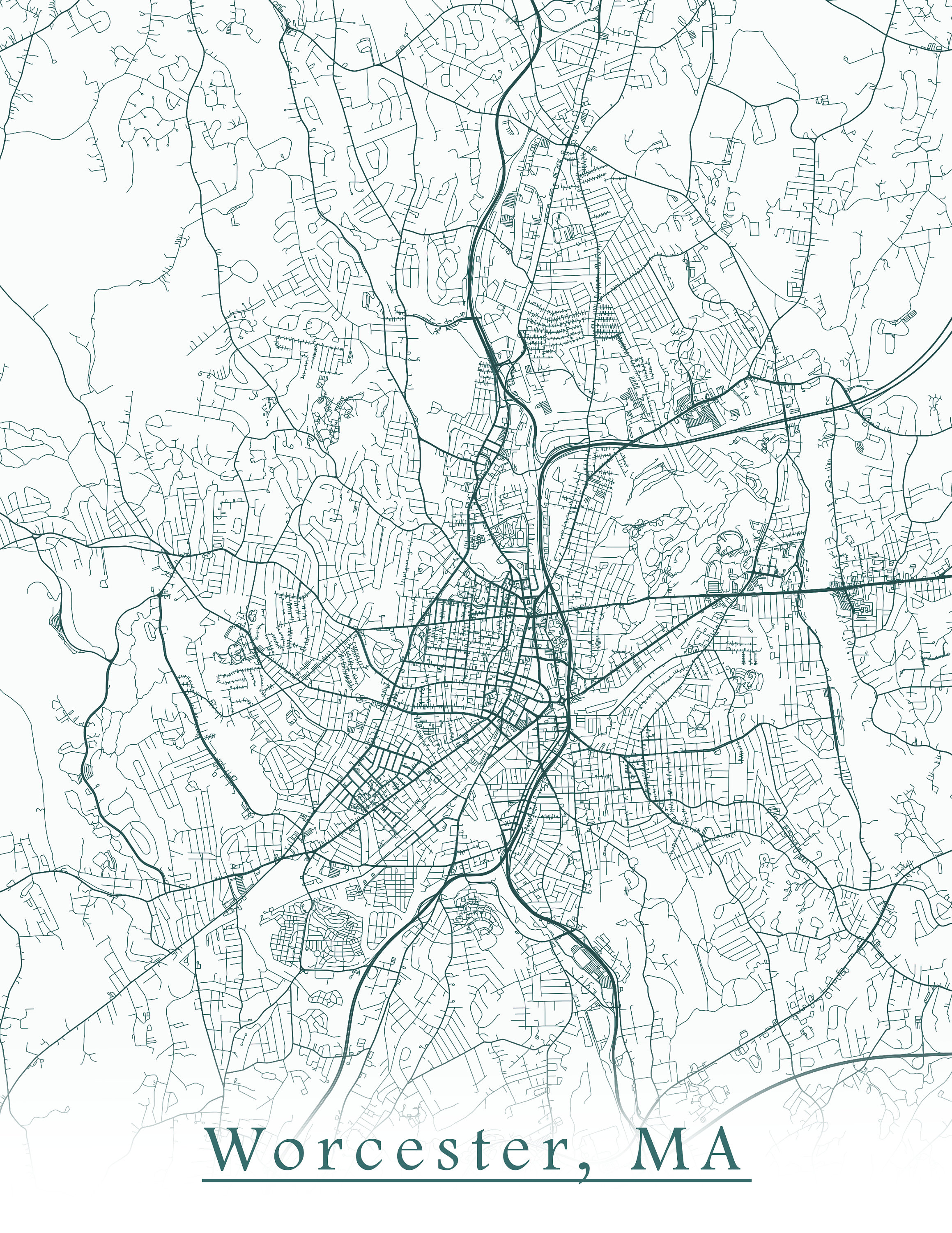 Colored Map of Worcester MA and All Its Roads - Etsy