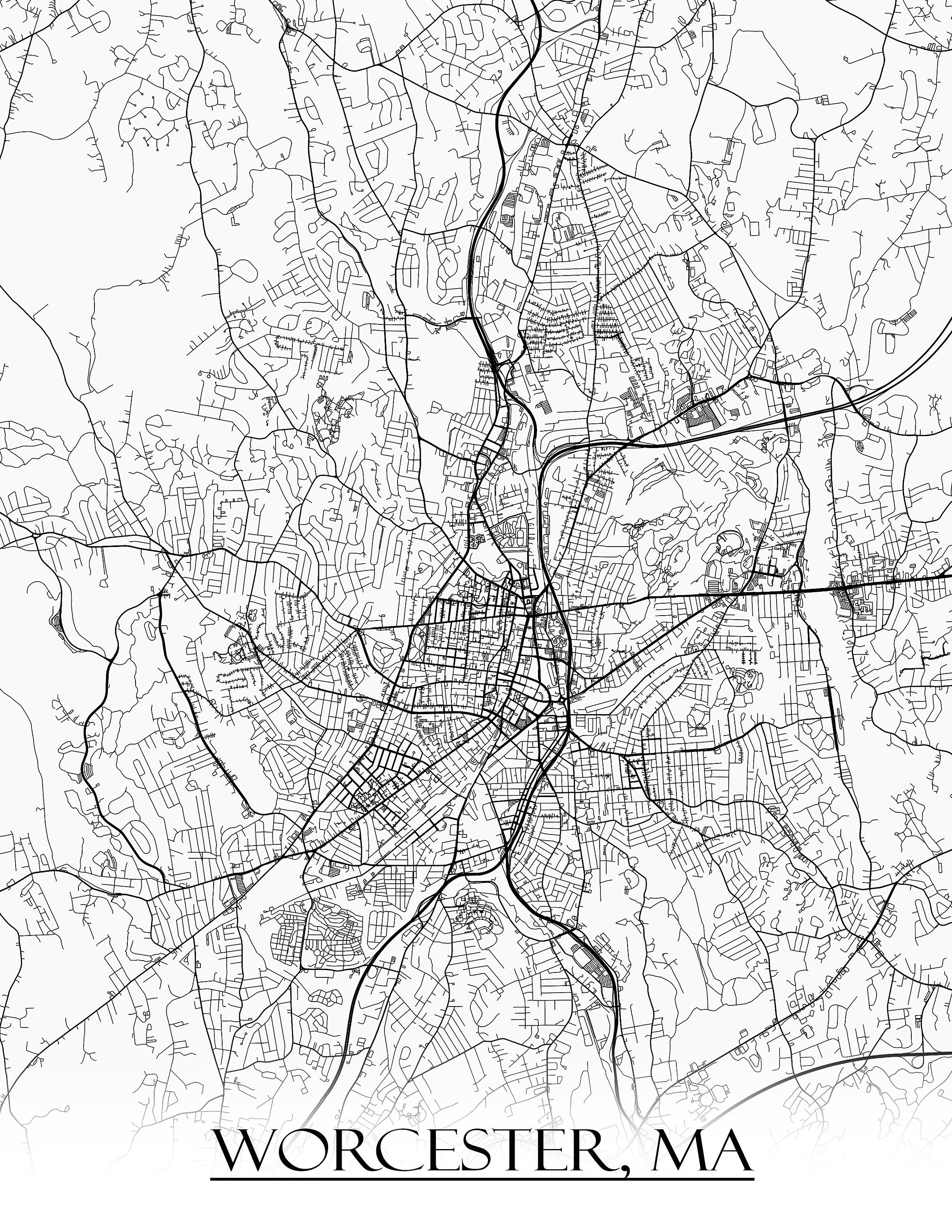 Colored Map of Worcester MA and All Its Roads - Etsy