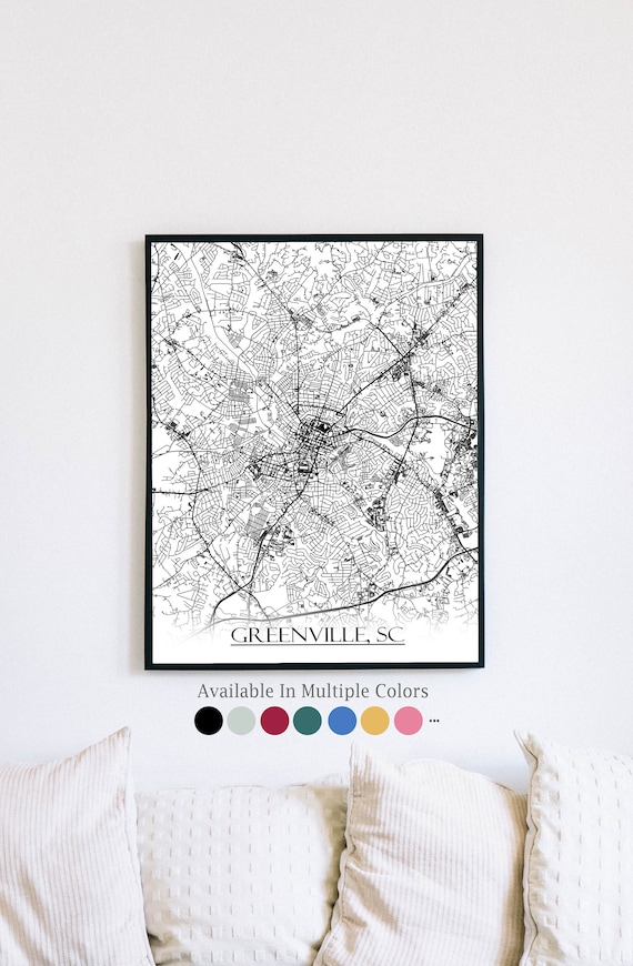 Colored Map of Greenville SC and all its Roads | Etsy
