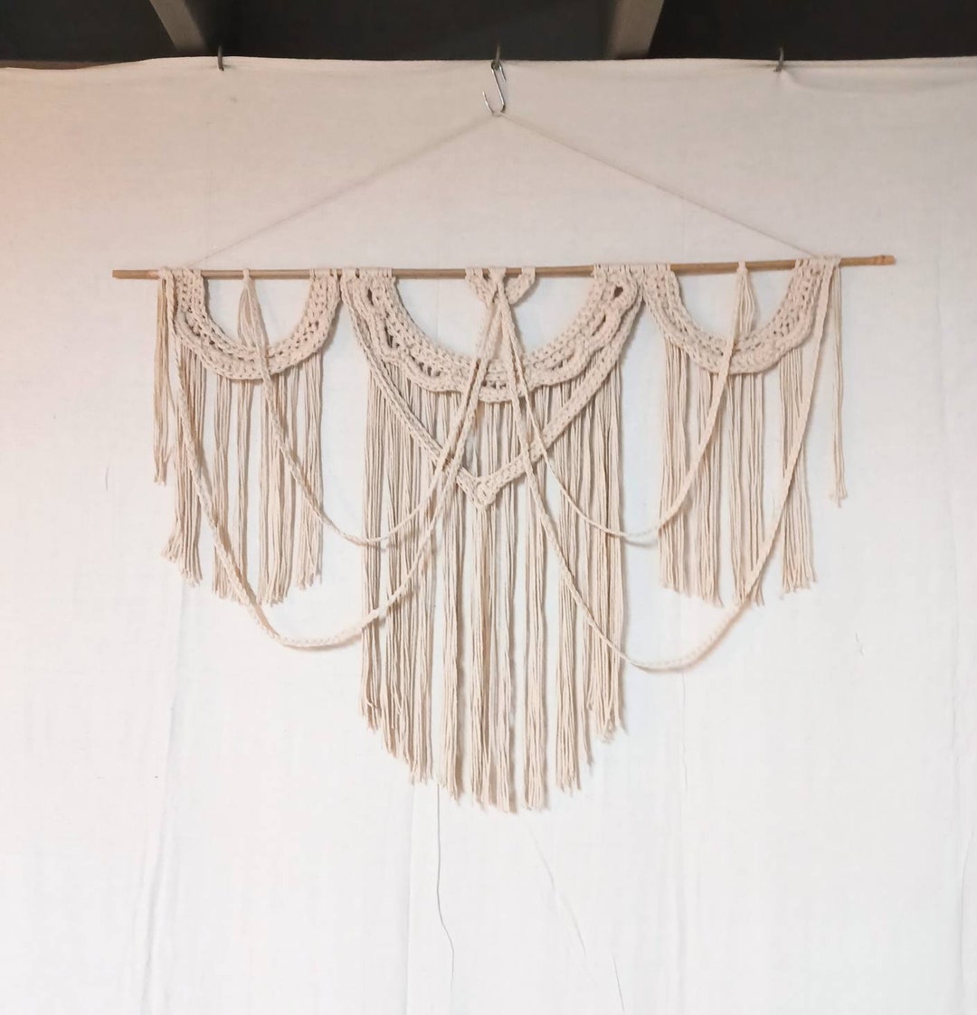Macramé-crochet Boho Wall Art, Beige Cotton, Natural Bamboo Rod, Swags ...