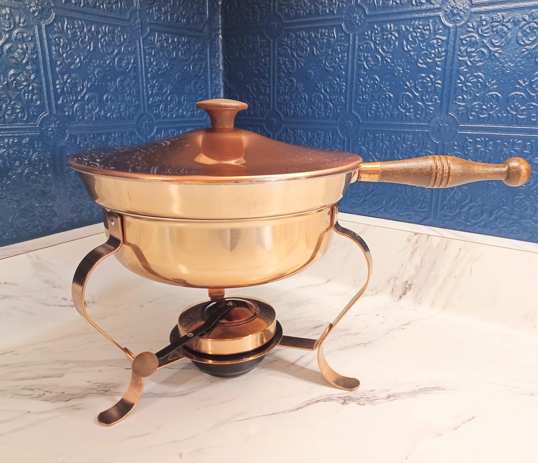 Vintage Copper Chafing Dish Fondue Pot Double Boiler Warmer, Wood Knob ...