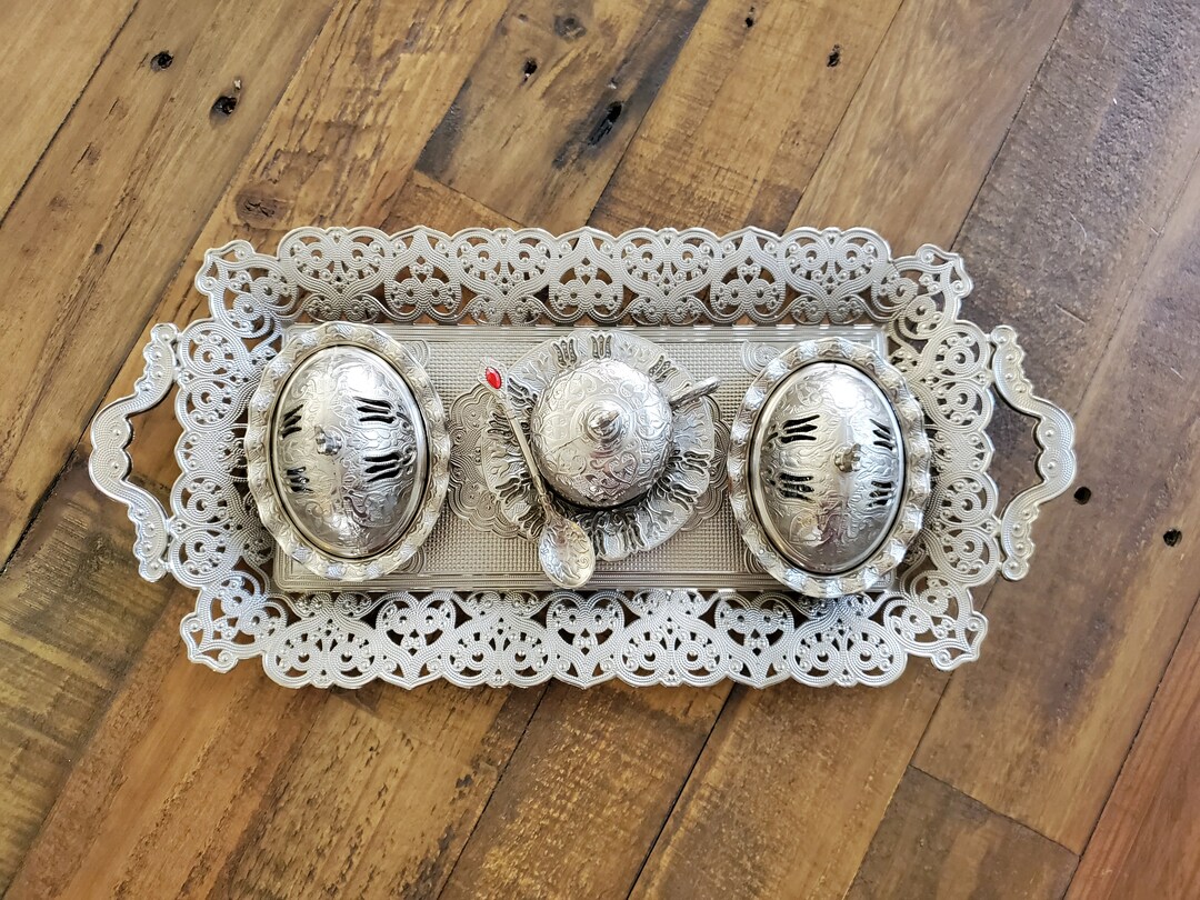 Authentic Turkish Tea Set for One With Tray and 2 Sugar Jars | Silver ...