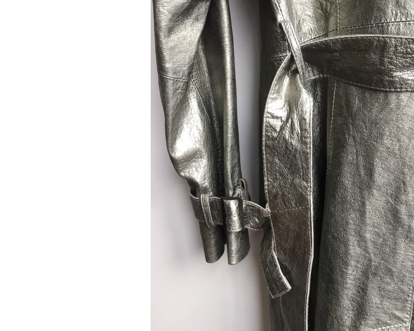 60’s Silver Leather Trench Coat, Mod Style Metallic Jacket With Silk ...