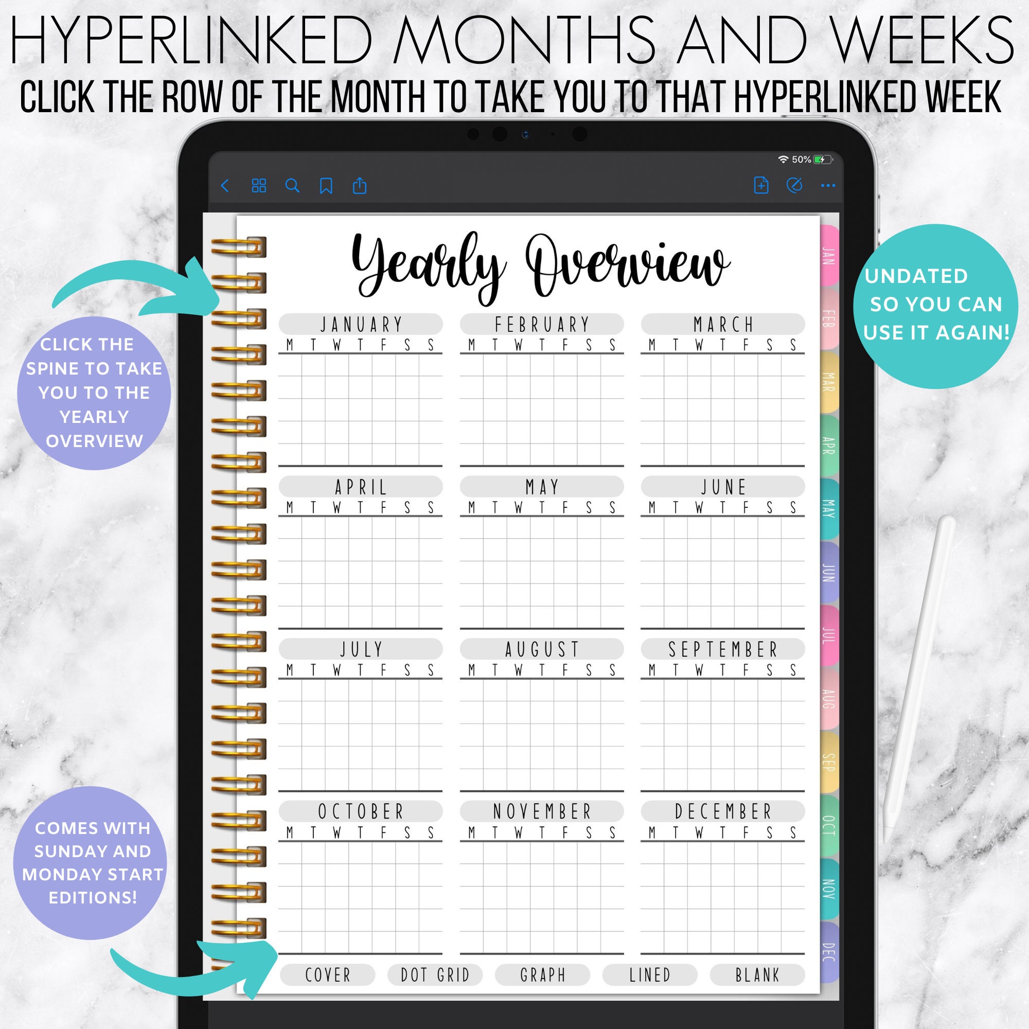 Undated Digital Weekly Planner, Portrait Planner, Undated Planner for ...