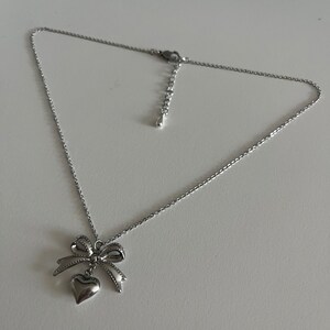 Silver Bow With Heart Necklace | Simple Coquette Necklace - Etsy