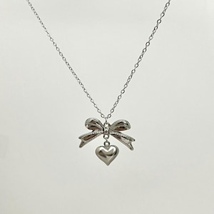 Silver Bow With Heart Necklace | Simple Coquette Necklace - Etsy