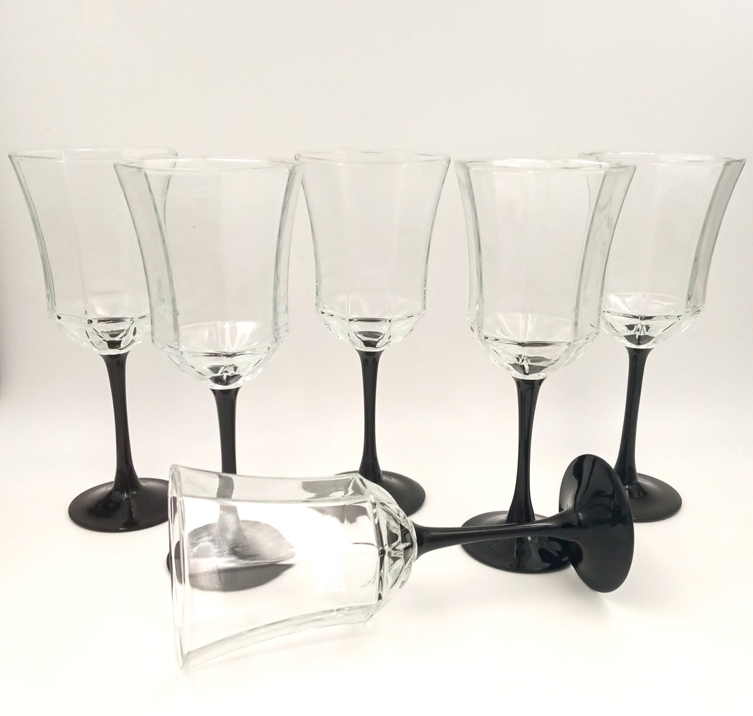 6 GLASSES Luminarc octime Stemmed Glasses, Vintage Black Stems France ...