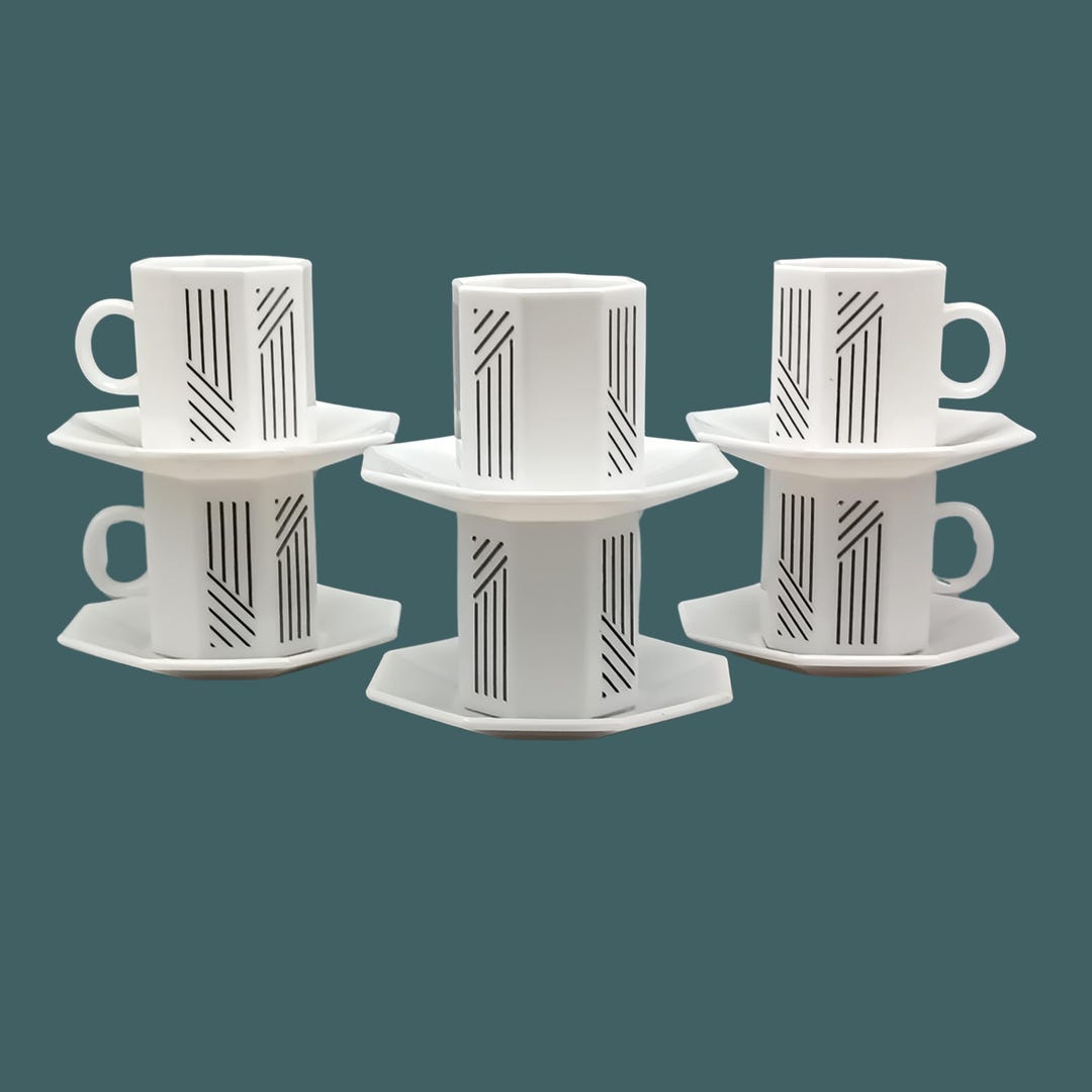6 CUPS 8 Cl Espresso Opaline France Vintage Arcoroc Octime White Black ...