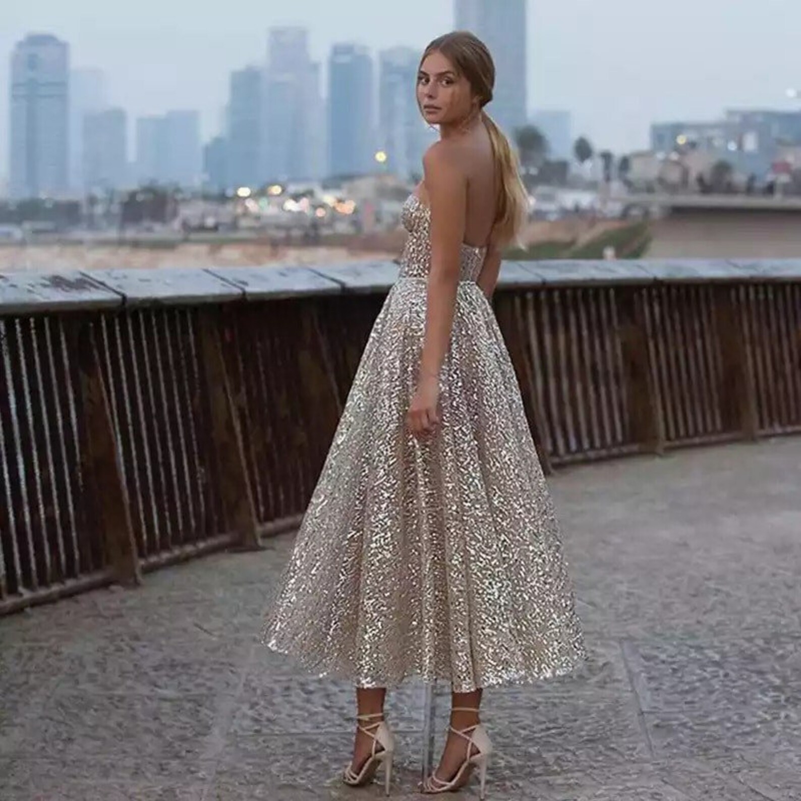 Glitter Womens Sequin Shiny Lace Prom Dress Sweetheart A-line Midi Prom ...