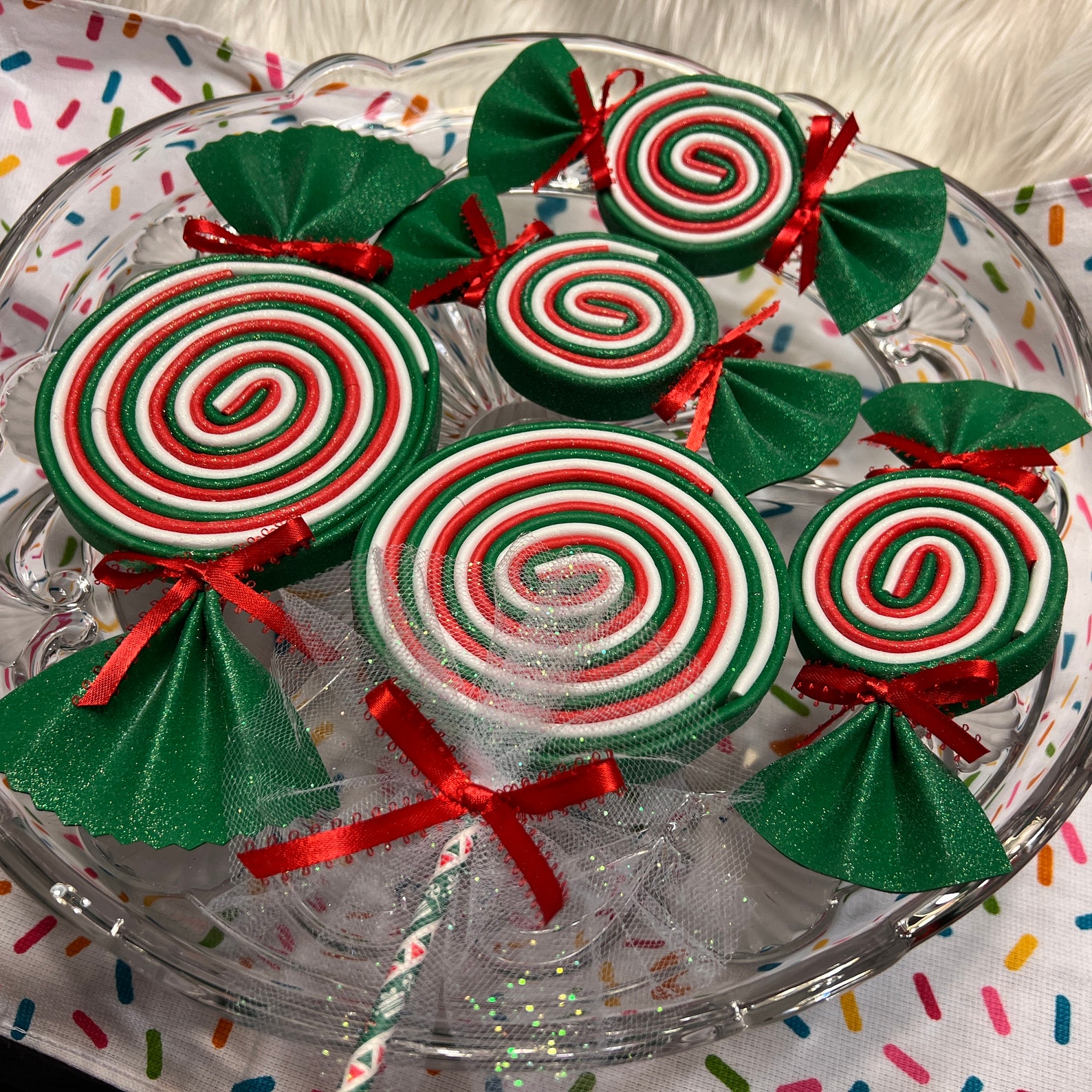 Glittered Foam Lollipop and Candy, Red Green and White Swirl Candy ...