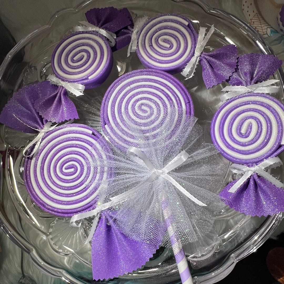 Glittered Foam Lollipop and Candy, Lavender and White Swirl Candy ...
