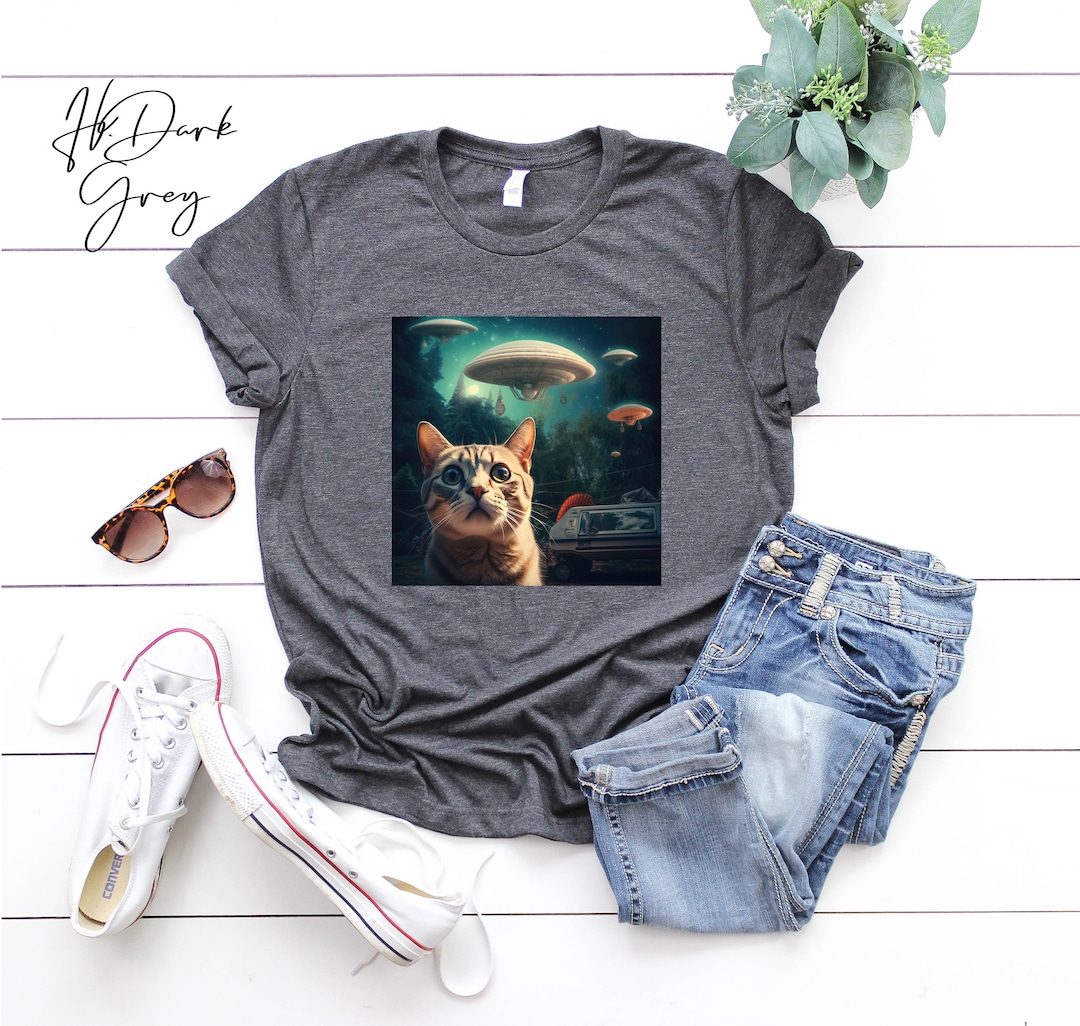 Cat Selfie With Ufos Shirt, Crewneck and V-neck Cat Shirt, Cat Lover ...