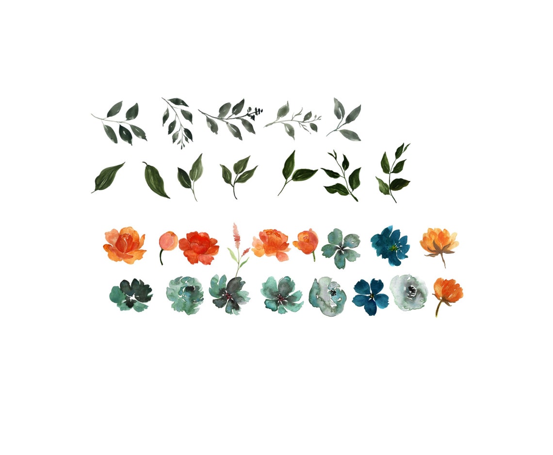 Teal Rust Orange Watercolor Flowers Clip Art Teal Turquoise Flowers ...