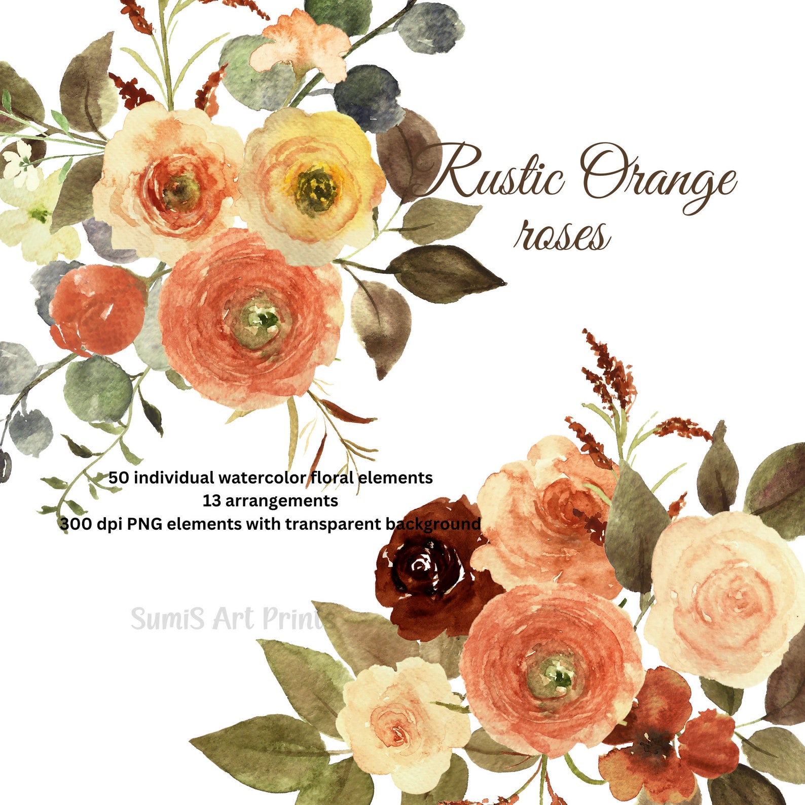 Rust Orange Watercolor Flower Clipart Fall Flowers for Wedding ...