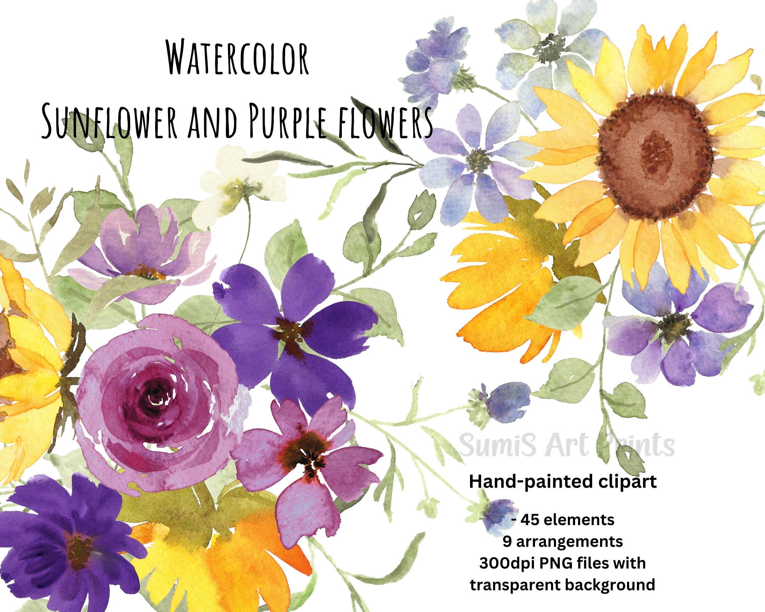 Watercolor Sunflower and Rose Bouquet Purple Floral Clipart Lilac ...