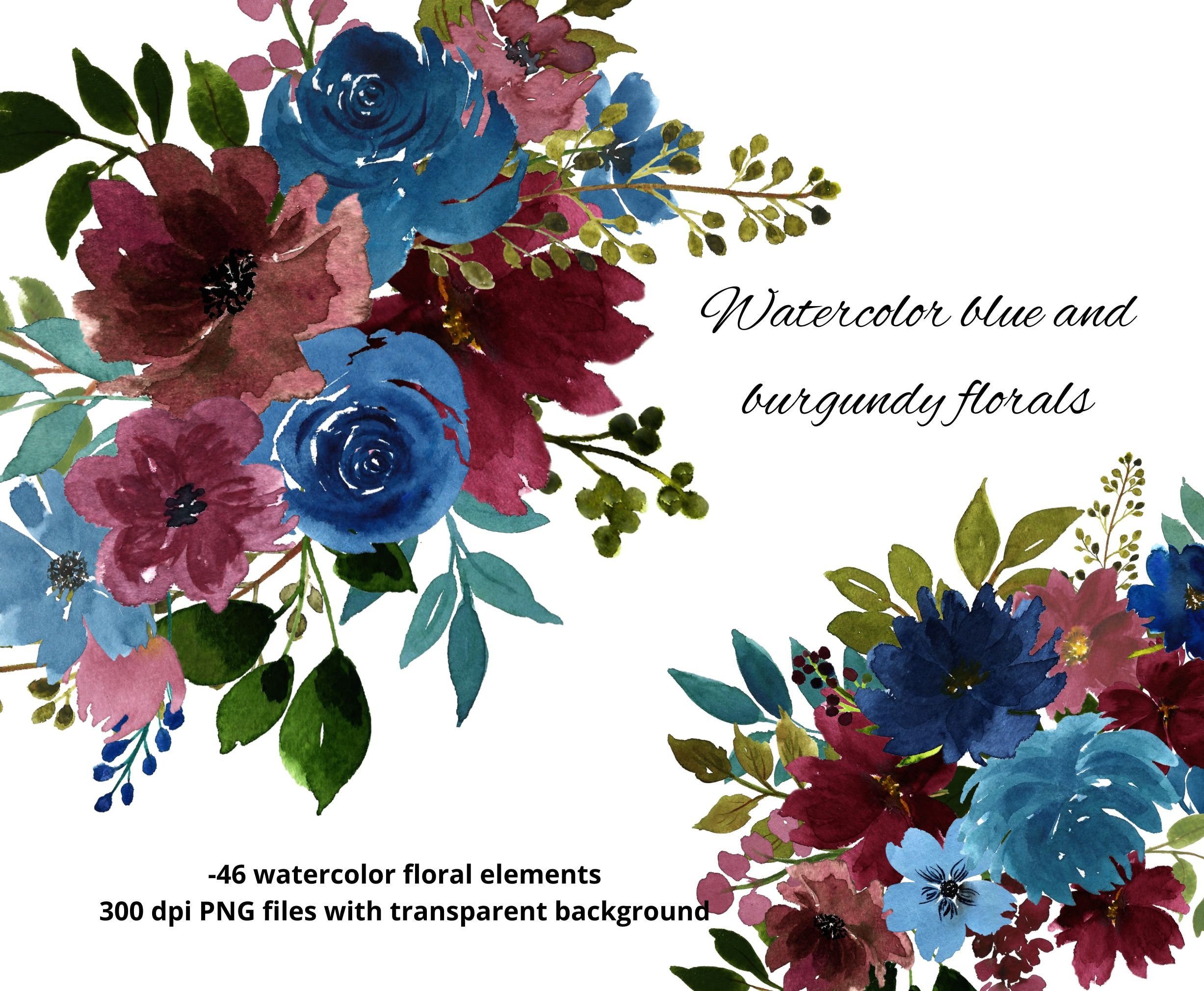 Watercolor Burgundy Navy Floral Clipart Blue Rose Clipart Commercial ...