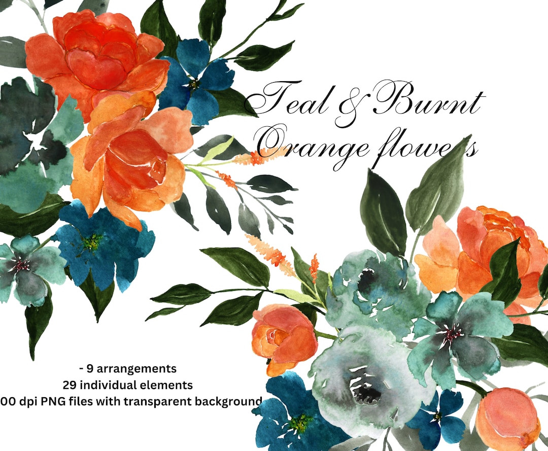 Teal Rust Orange Watercolor Flowers Clip Art Teal Turquoise Flowers ...
