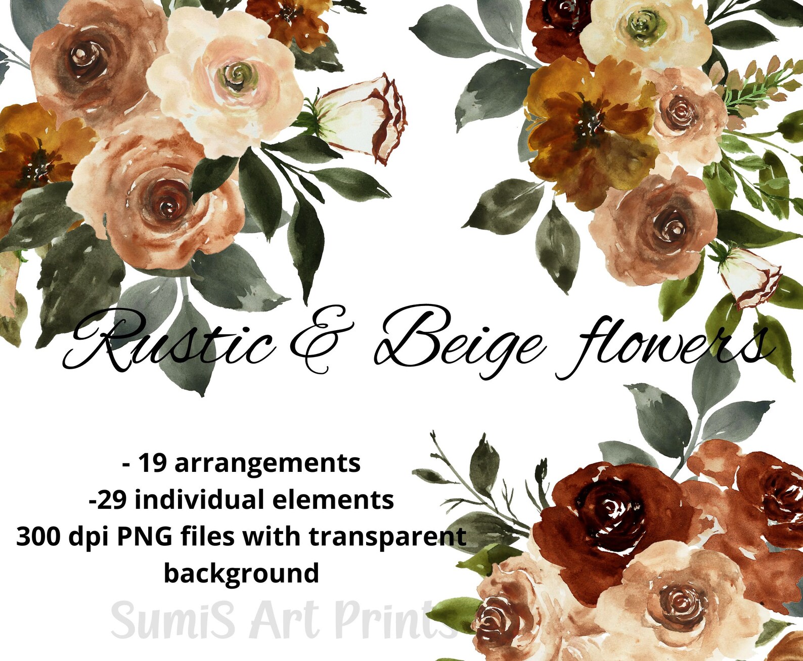 Copper Rustic Watercolor Floral Clipart Brown Taupe Beige Roses PNG ...