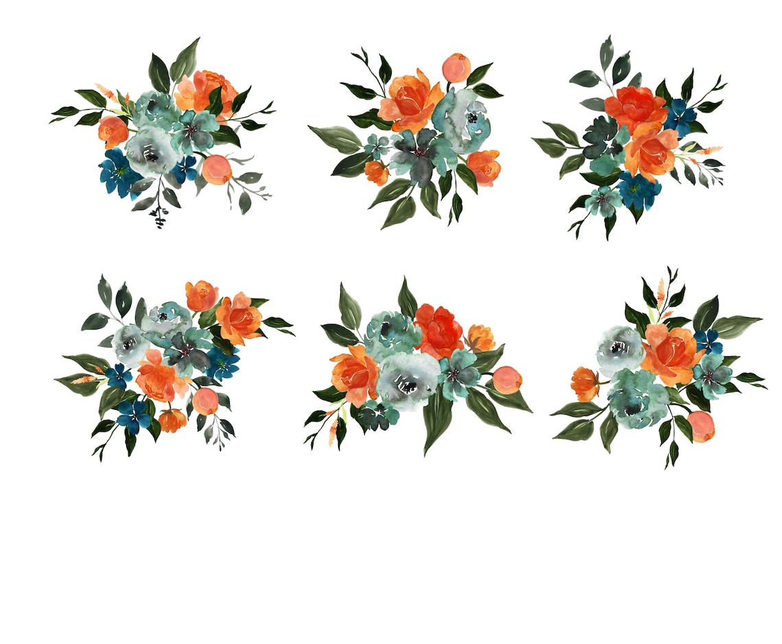 Teal Rust Orange Watercolor Flowers Clip Art Teal Turquoise Flowers ...