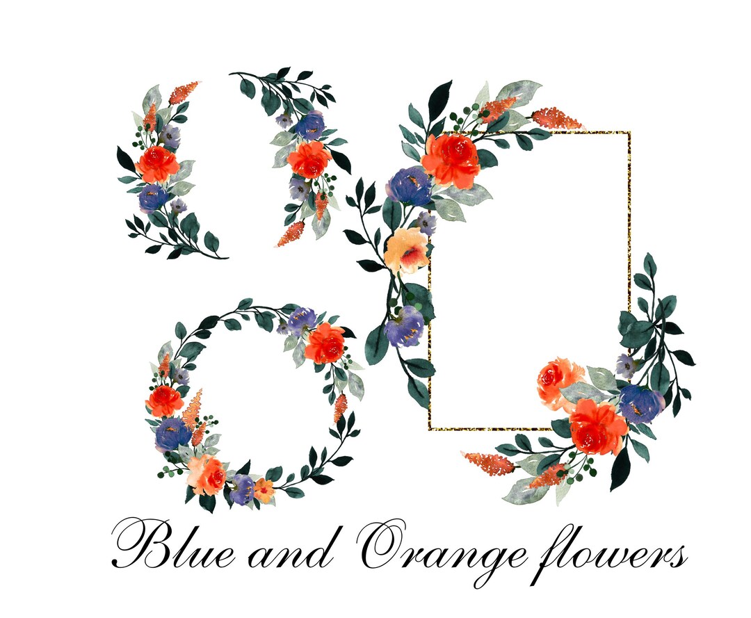 Watercolor Blue Burnt Orange Floral Frame PNG Rust Orange Teal Flower ...