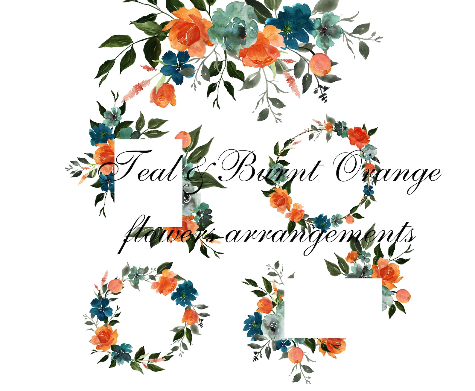 Watercolor Teal Burnt Orange Floral Frame PNG Rust Orange Teal Flower ...