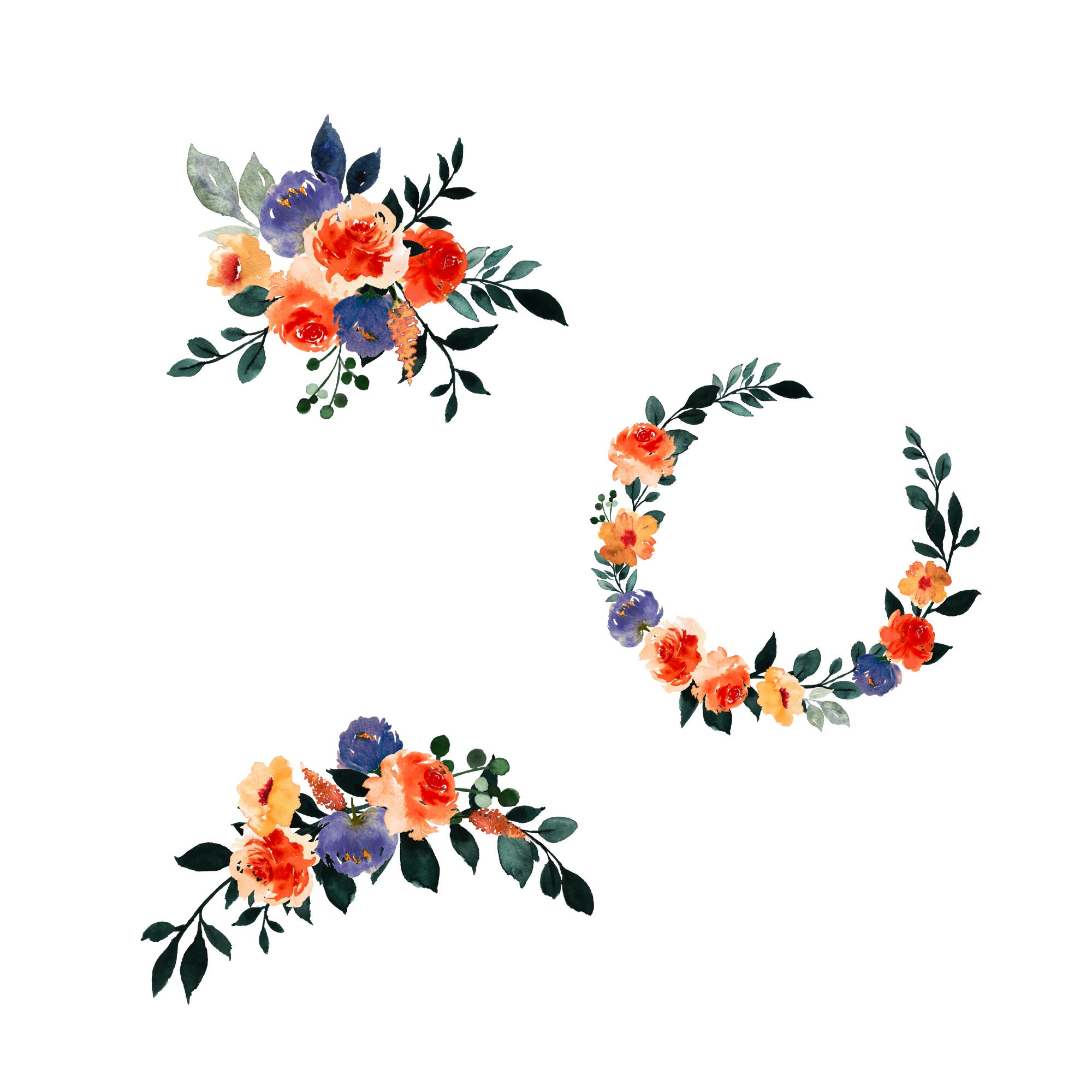 Blue Rust Orange Watercolor Flowers Clip Art Navy Blue Burnt Orange ...