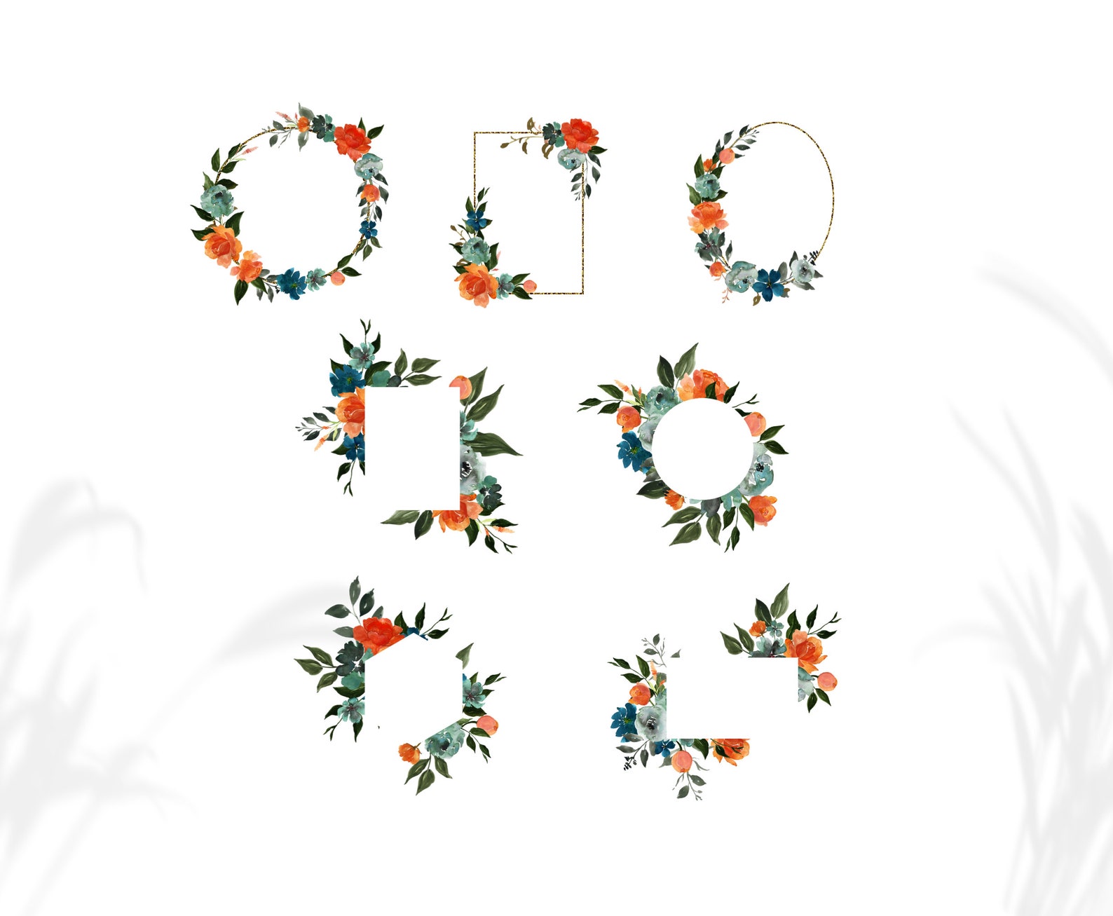 Watercolor Teal Burnt Orange Floral Frame PNG Rust Orange Teal Flower ...