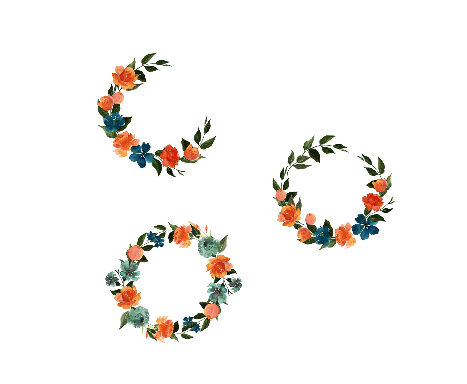 Teal Rust Orange Watercolor Flowers Clip Art Teal Turquoise Flowers ...