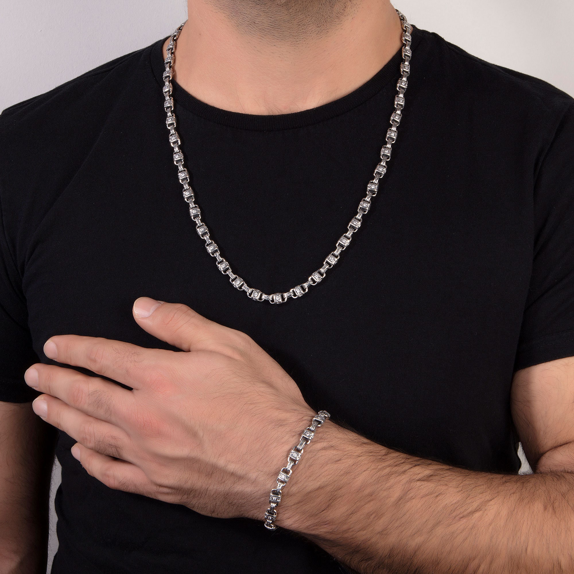 Silver Chunky Chain, Byzantine Chain, Handmade Engraved Chain Necklace ...