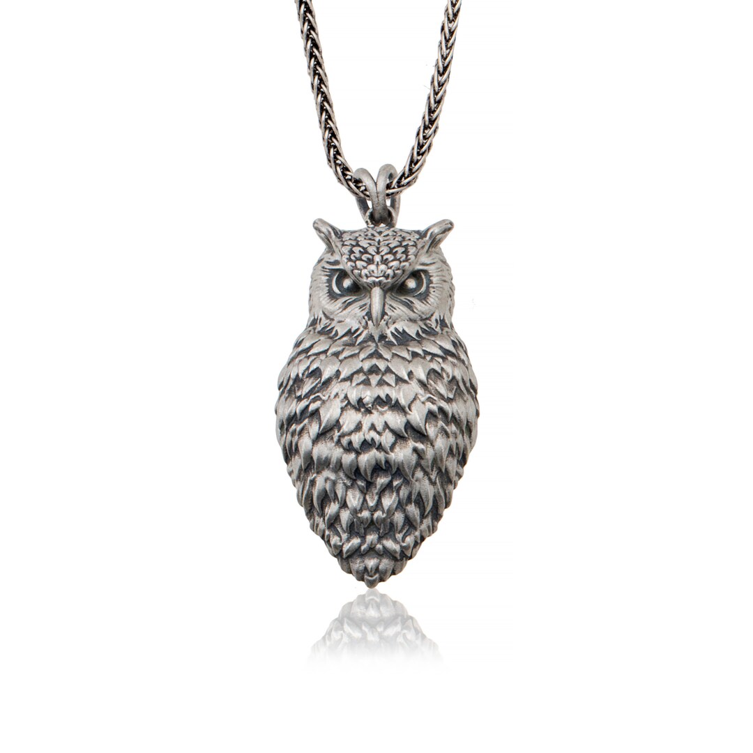 Sterling Silver Owl Necklace, Silver Owl Pendant, Oxidized Solid Silver ...