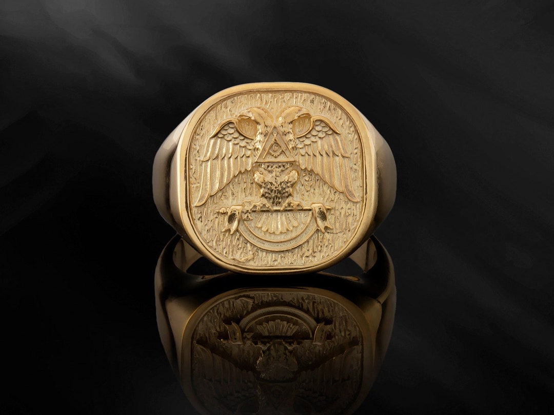 18K Gold Signet Master Mason Men Ring, Solid Gold Freemason Ring ...