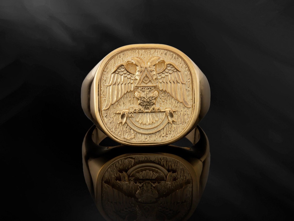18K Gold Signet Ring, Master Mason Double Headed Eagle, Masonic Ring - Etsy
