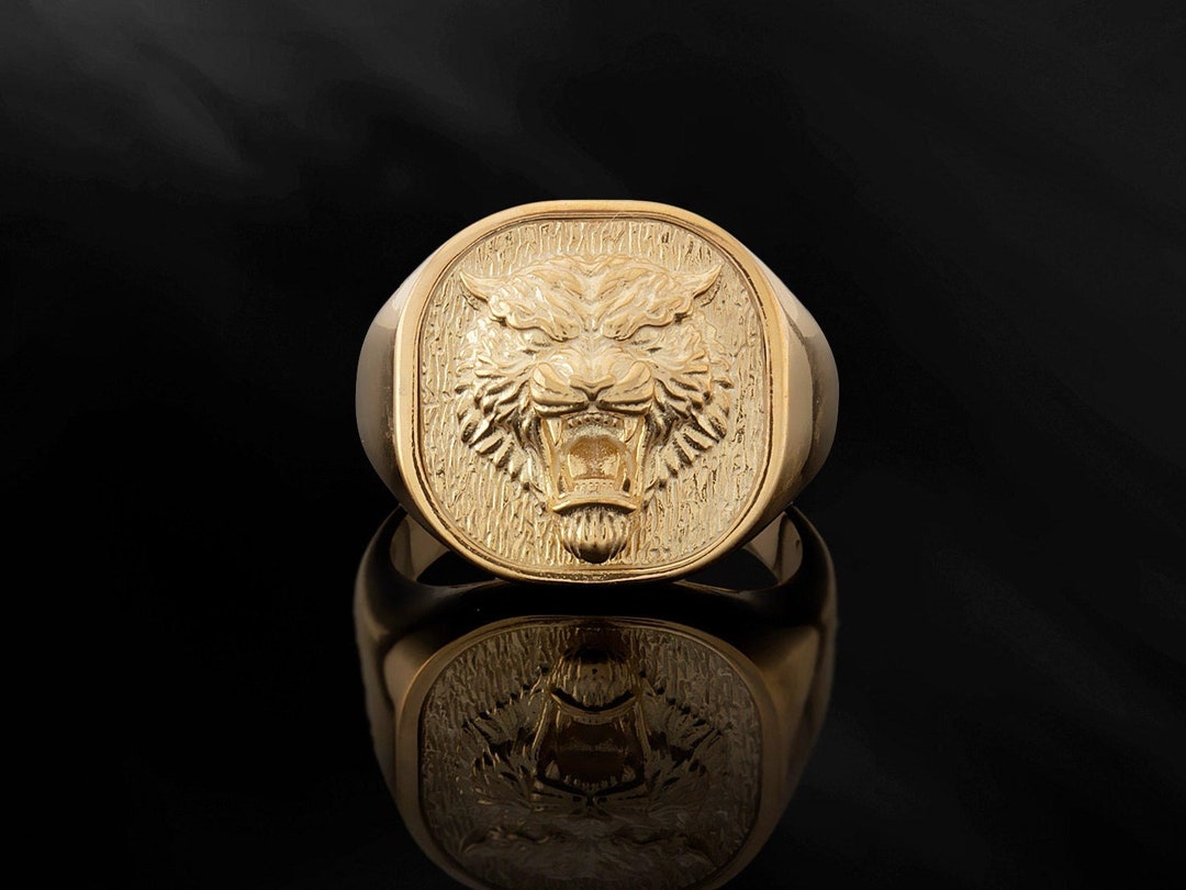 18K Gold Tiger Rings, 14K Gold Signet Animal Rings, 10K Tiger Head Ring ...