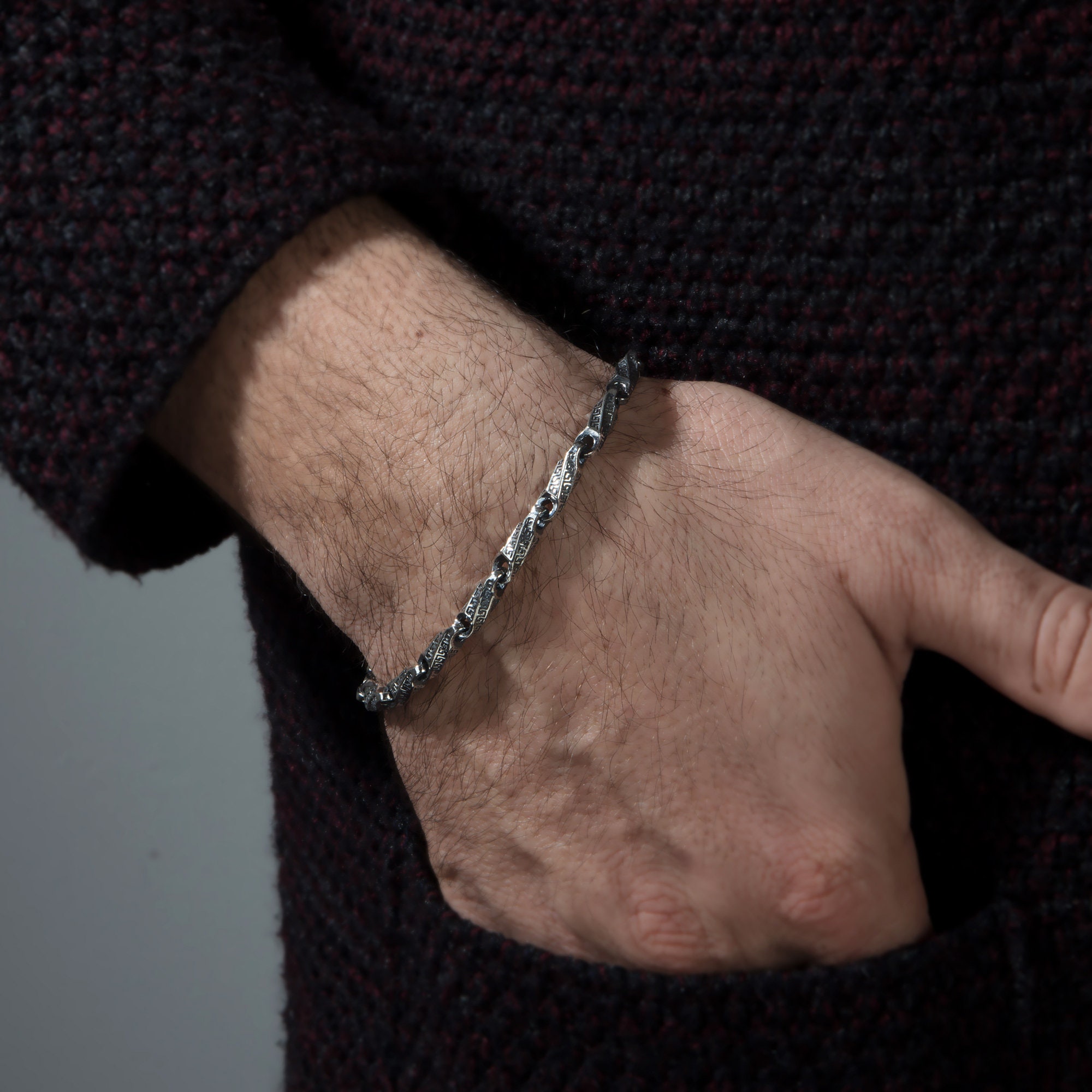 Silver Byzantine Chain Handmade Engraved Chain Bracelets | Etsy