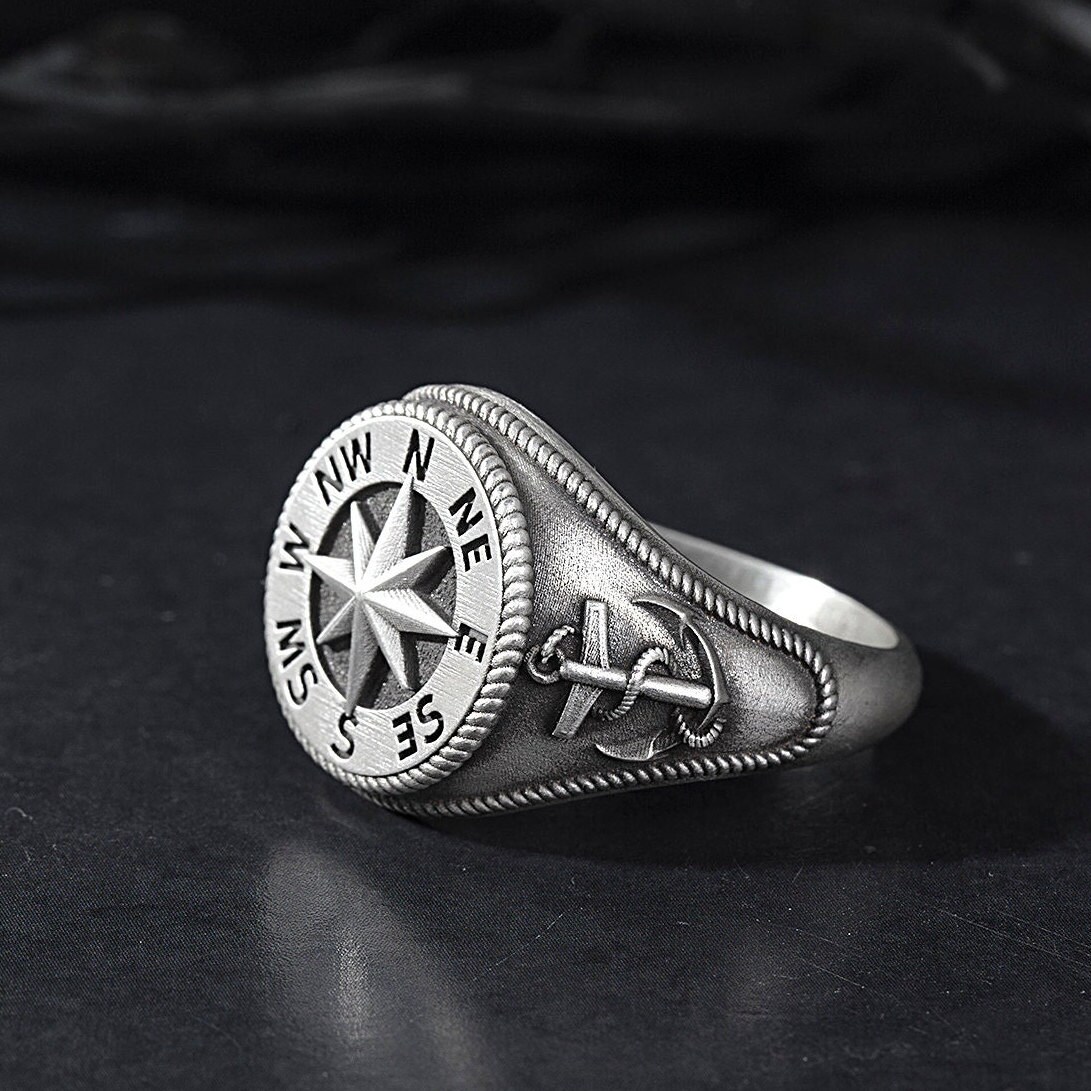 Silver Sailor Man's Compass Ring Ship Wheel Ring Anchor - Etsy