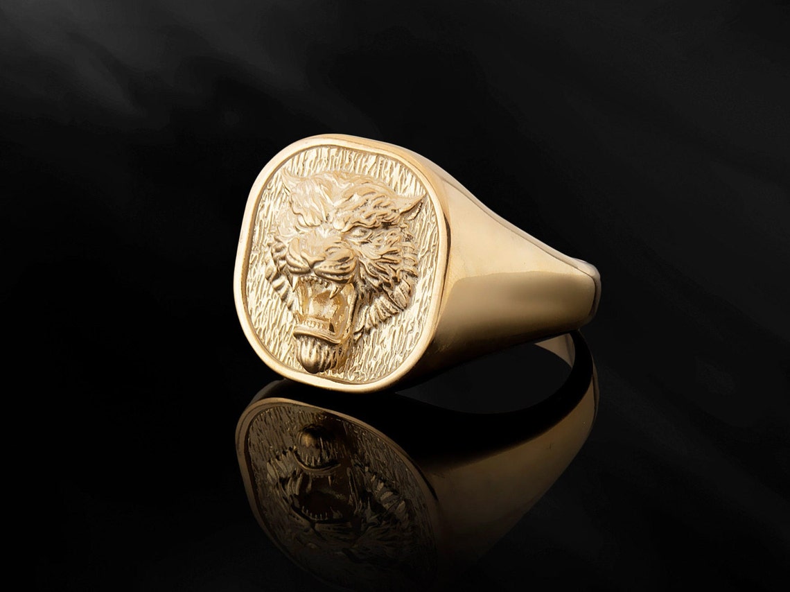 18K Gold Tiger Rings 14K Gold Signet Animal Rings 10K Tiger | Etsy