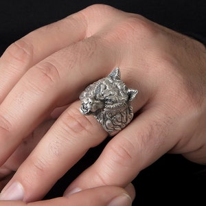 Silver Wolf Rings, Wild Angry Wolf Ring, Statement Men Rings, Oxidized Animal Rings, Wolf Head ...