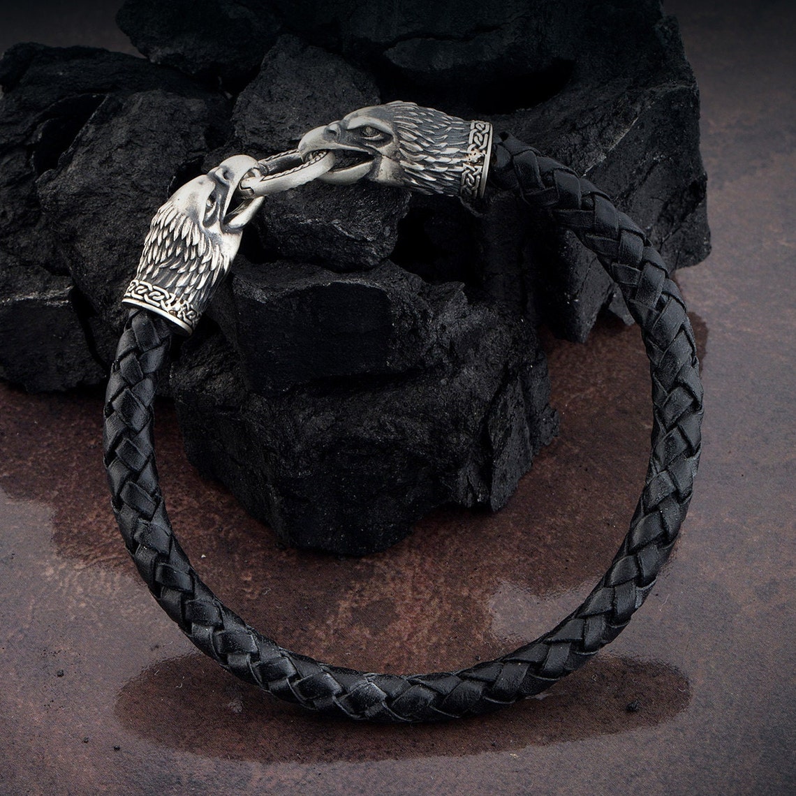 Sterling Silver Eagle Head Bracelet, Mens Braided Leather Bracelet - Etsy