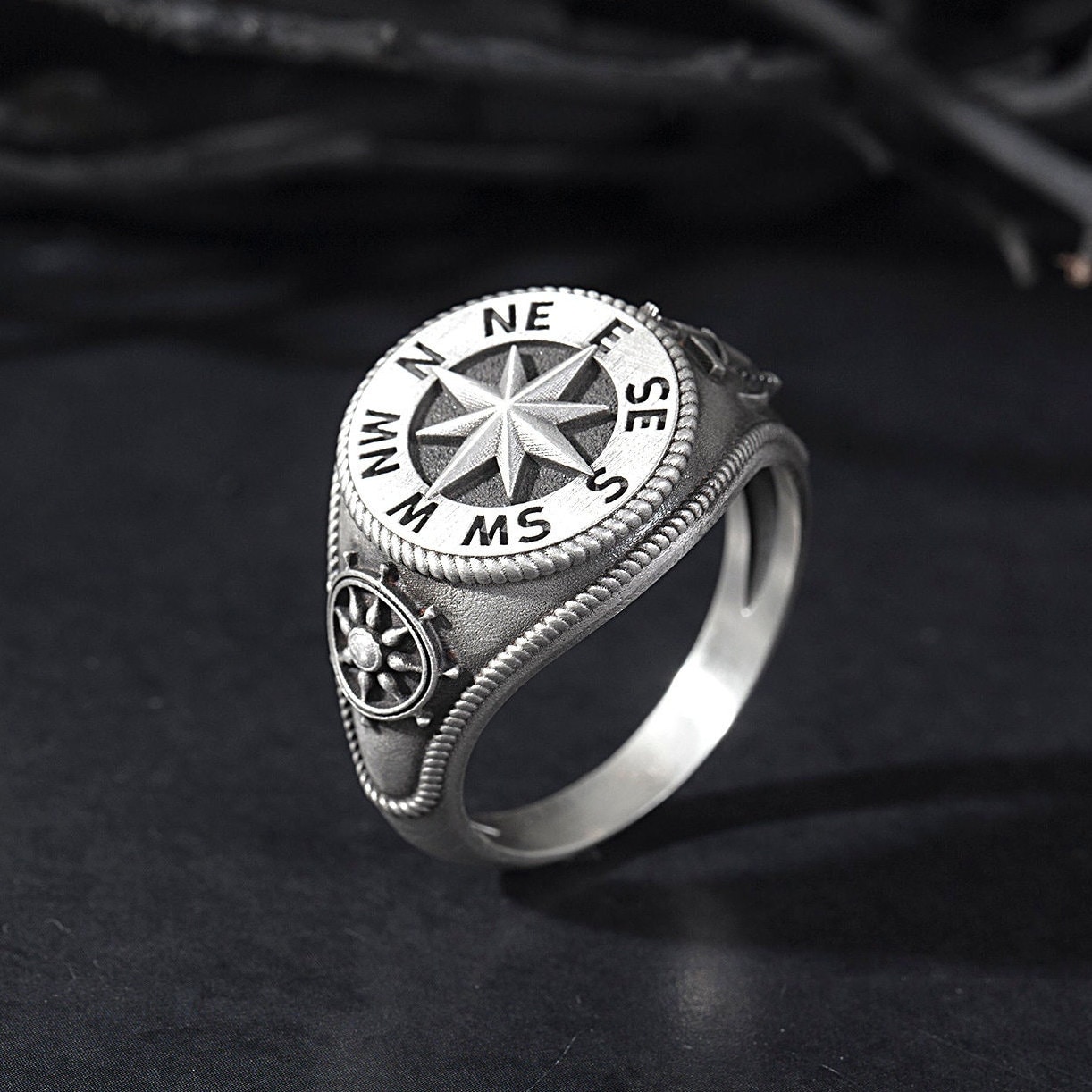 Silver Sailor Man's Compass Ring, Ship Wheel Ring, Anchor Ring ...
