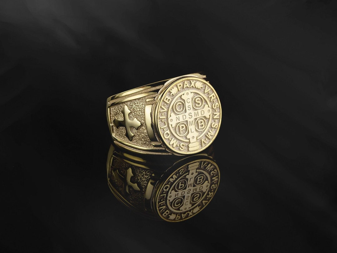 14K Gold St Benedict Medal Cross Ring, Religious Catholic Ring for Men ...
