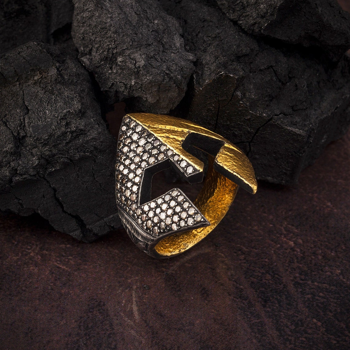 24K Gold Spartan Helmet Ring, Brown Diamond Sterling Silver - Etsy
