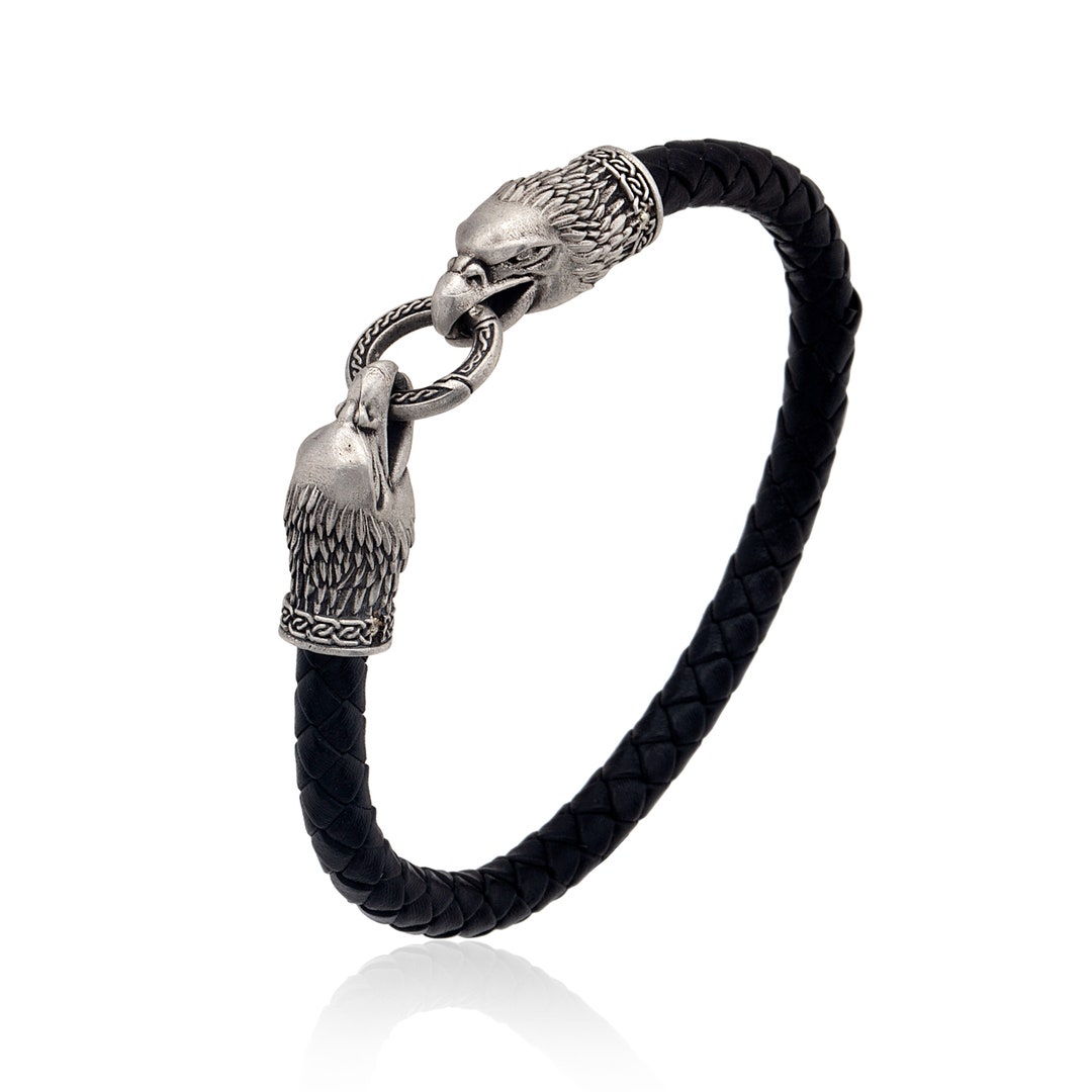 Sterling Silver Eagle Head Bracelet, Mens Braided Leather Bracelet - Etsy